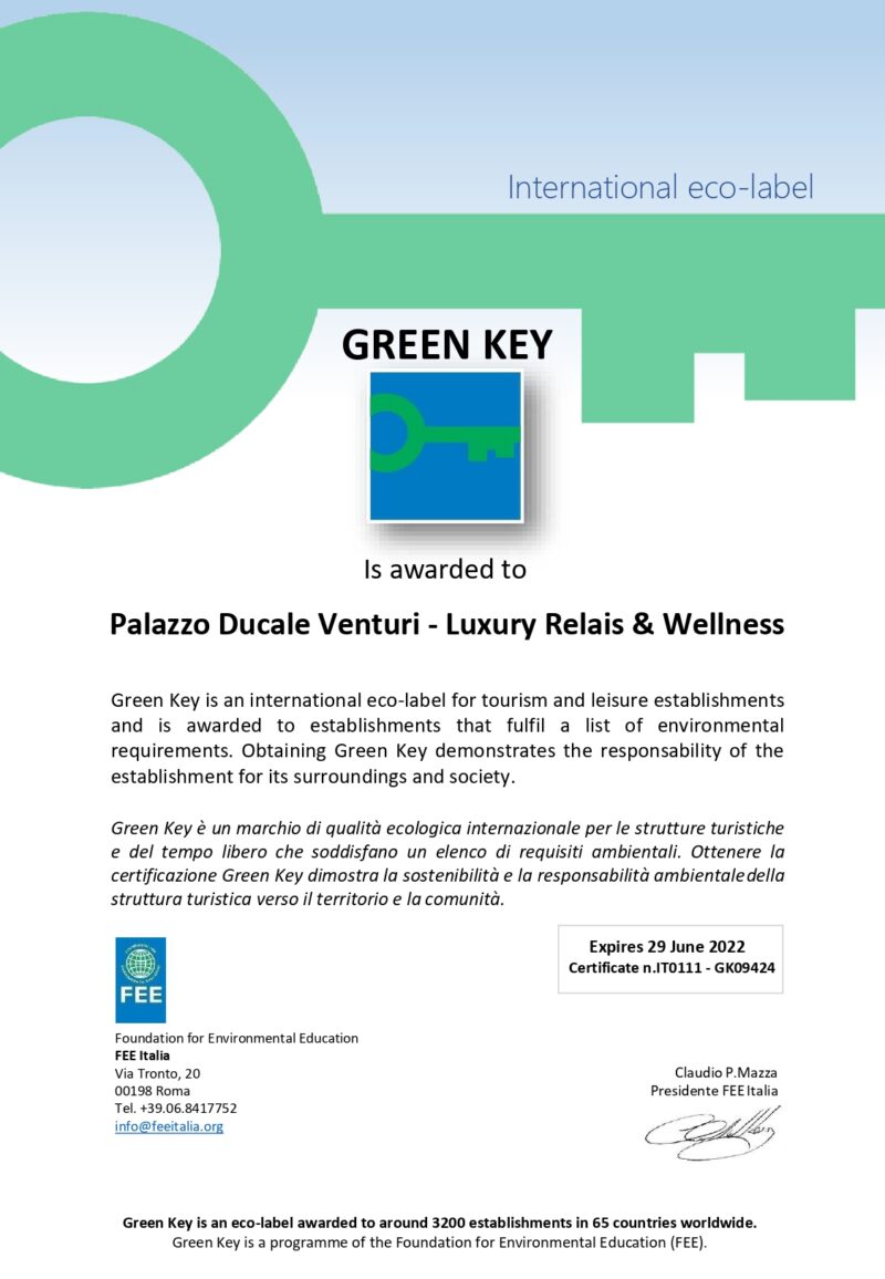 The Green Key Certificate - 2022 - Palazzo Ducale Venturi - Luxury ...